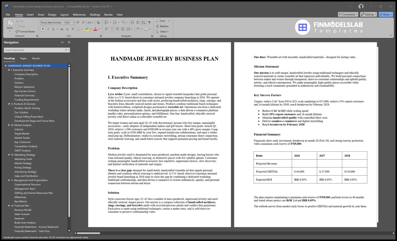 Handmade Jewelry Business Plan Template 5-Year Forecasts