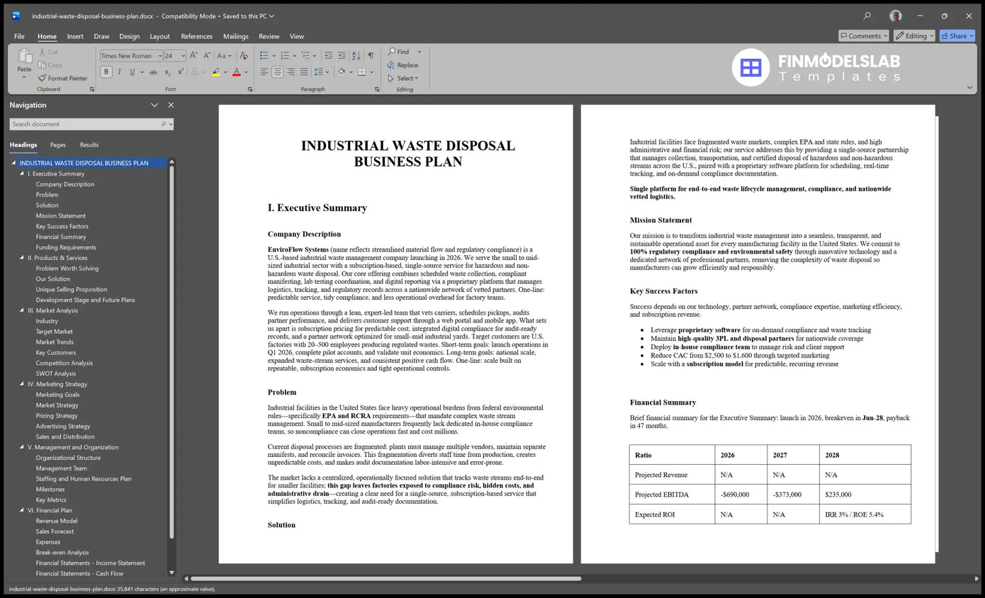Industrial Waste Disposal Plan Template - 5-Year Financials
