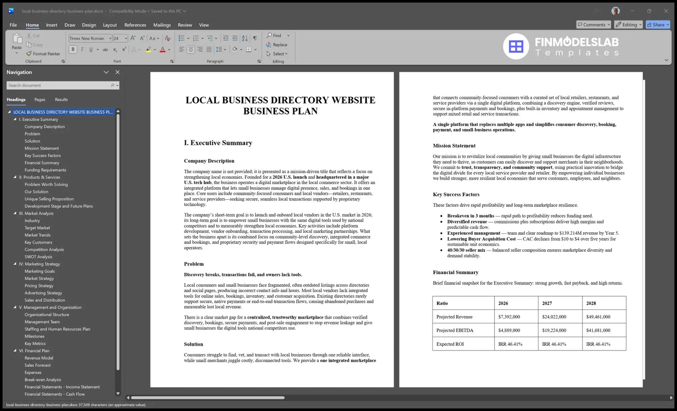 Local Business Directory Website Plan Template - 46% IRR $139M Rev