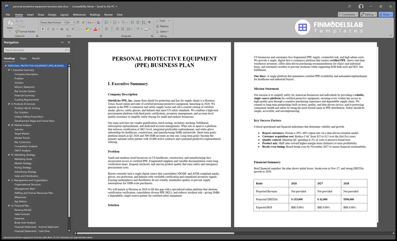 Personal Protective Equipment (Ppe) Plan Template 5Yr 23Mo Breakeven