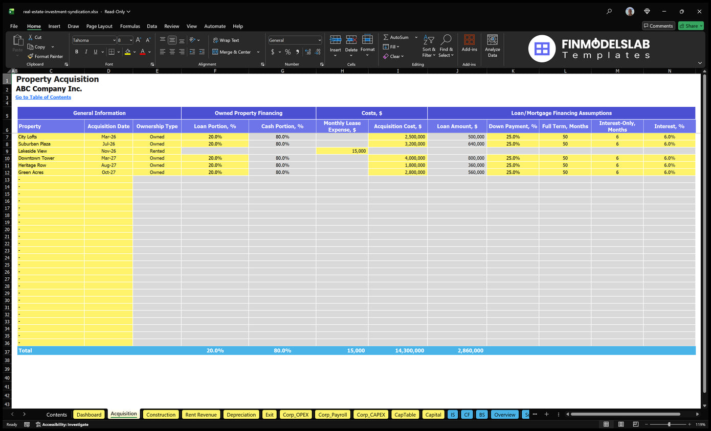 Real Estate Investment Syndication Model - 5-Year Projections, 32-Month ...