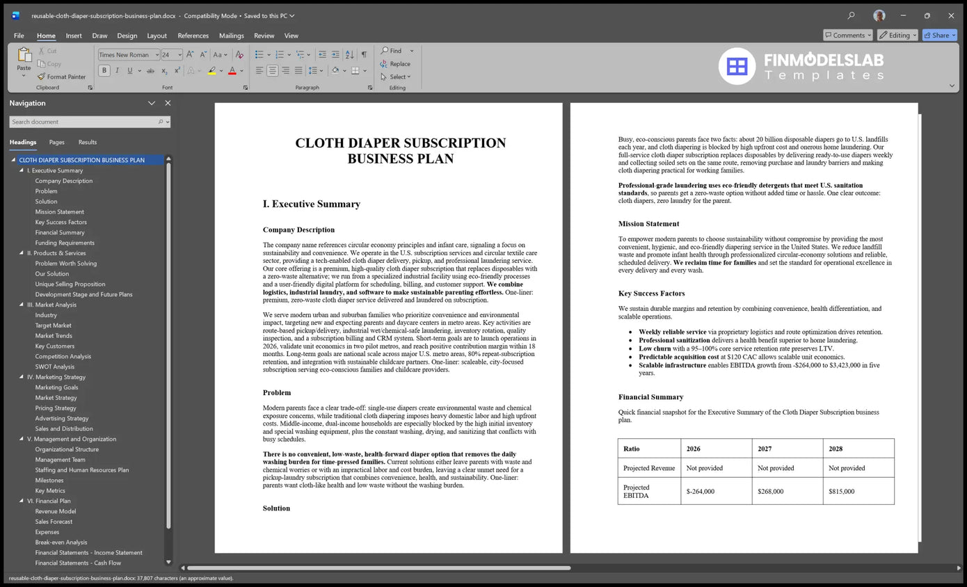 Cloth Diaper Subscription Plan Template 5-Year Financials