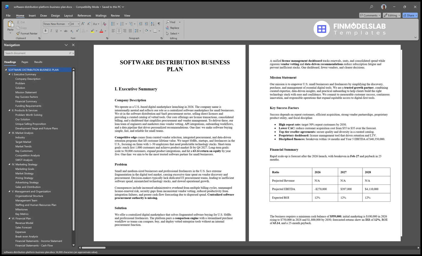 Software Distribution Business Plan Template - 5-Year Forecasts